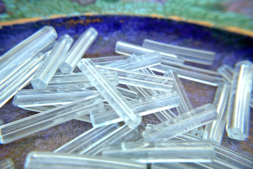 ATLAS Beads, 6 Vintage Glass Beads Clear Glass, Tube Beads, Hexagon Cut ...