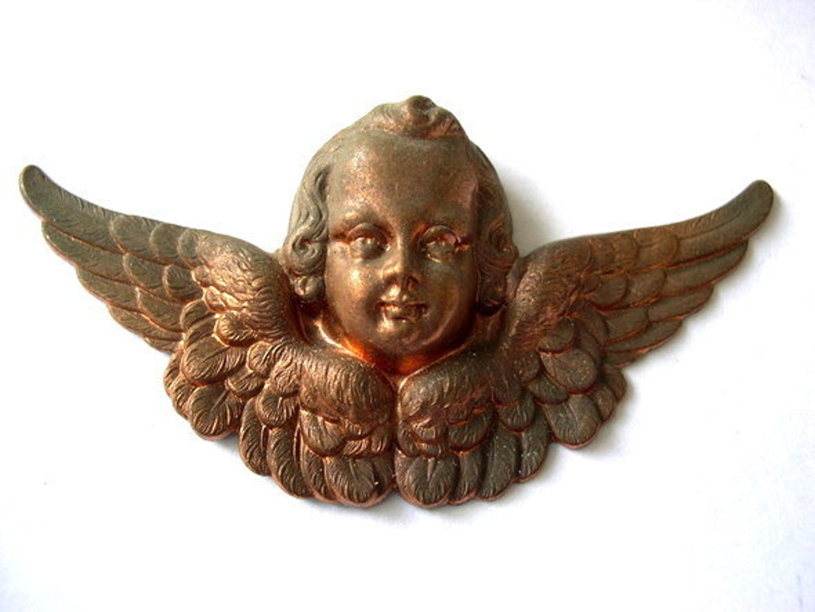 Vintage angel head with wings metal stamping made of copper | Etsy