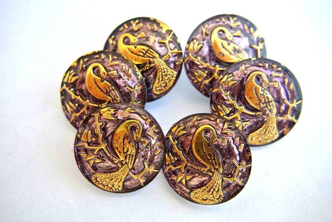 Peacock in Gold Color on Violet to Purple Glass Button Hand Painted ...