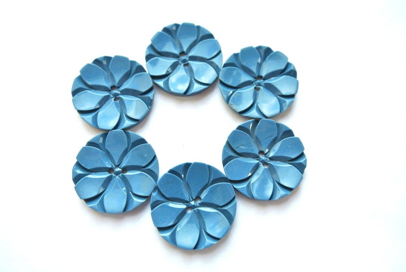 6 Vintage Flowers Buttons Plastic 23mm, Uniqu Blue Carved, Button Jewel ...