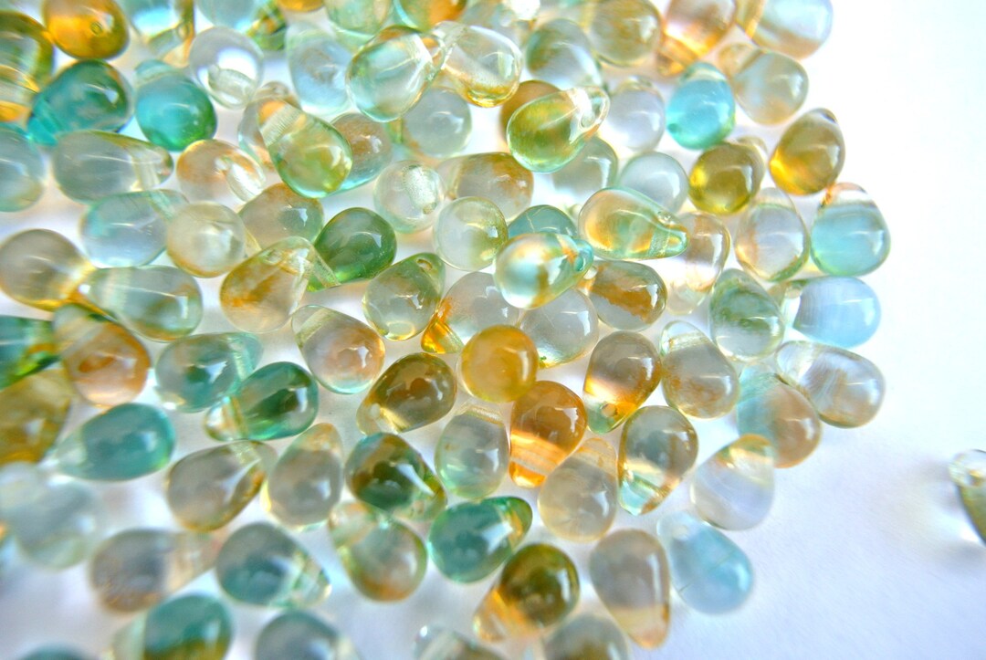50 Czech Glass Tear Drop Beads: Green Yellow Translucent (6mmx4mm) - Etsy