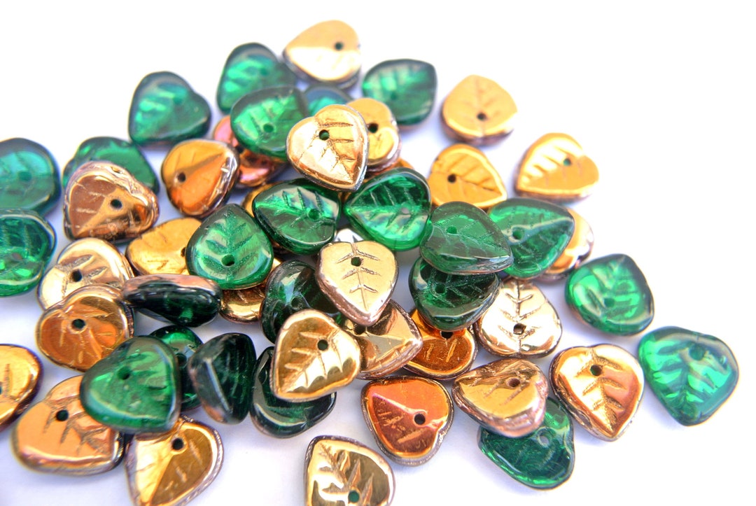 30 Czech Glass Beads, Leaf Shape, Leaves 9mmx8mm, Greenwith Metalic ...