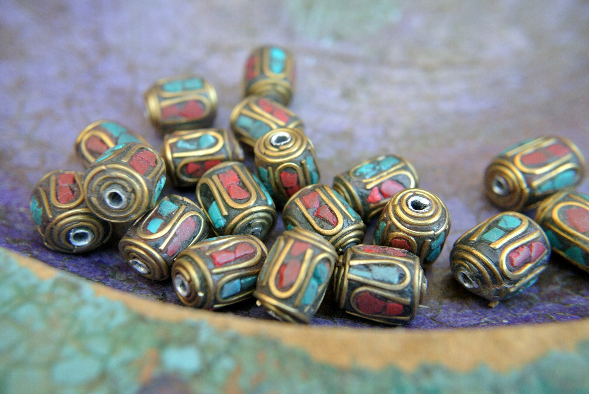 Vintage Nepal Beads Brass With Coral and Turquoise 12mmx10mm, 6pcs - Etsy