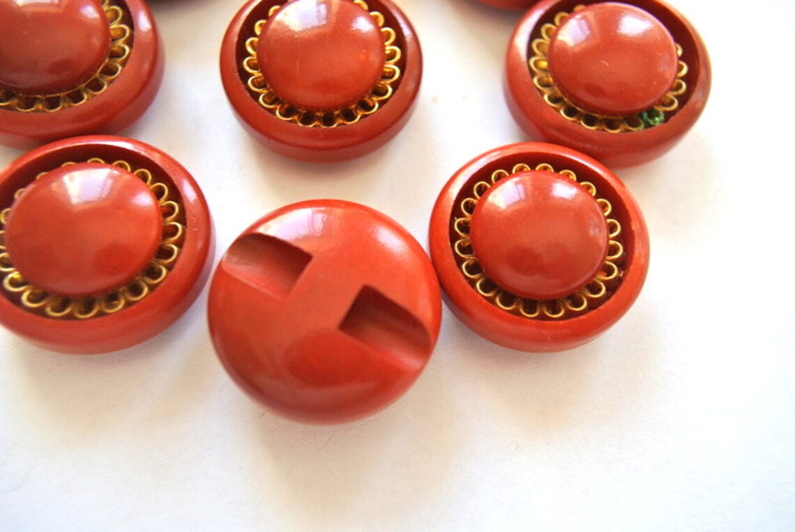 6 Vintage Plastic Buttons Red With Gold Color Trim 23mm - Etsy
