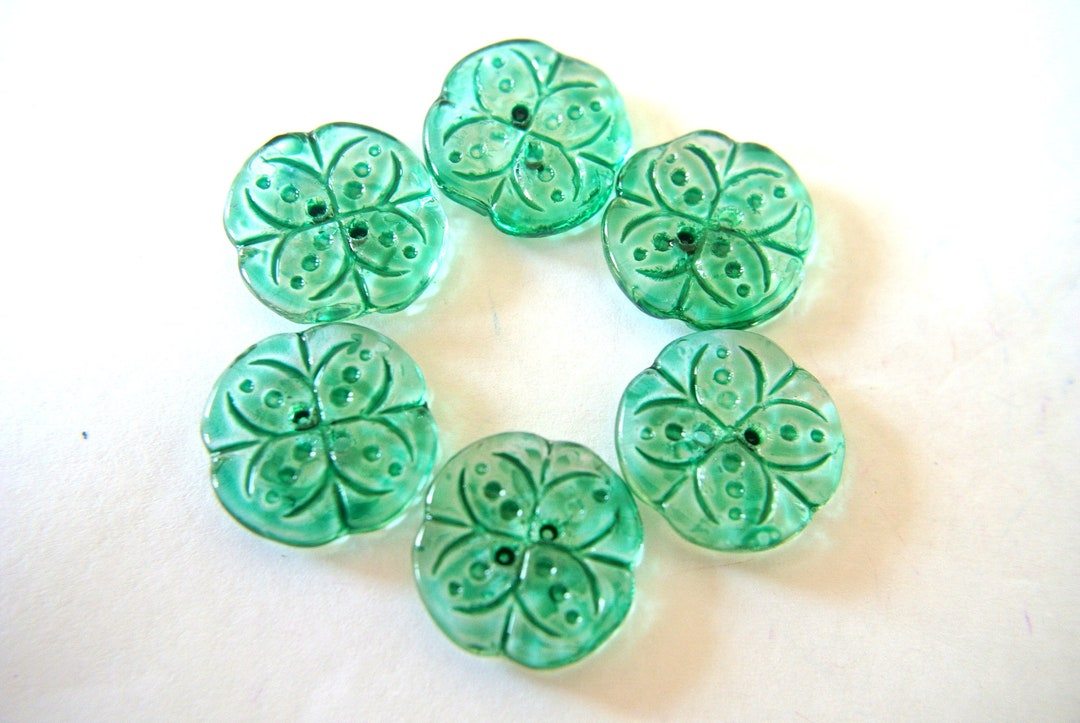6 Vintage Buttons Flower Shape Hand Green CRYSTAL Czech 18mm Great for ...