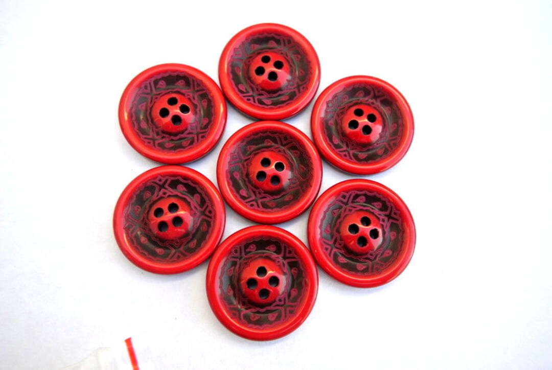 6 Plastic Buttons , New Buttons, Red With Black Design, Choose Your ...