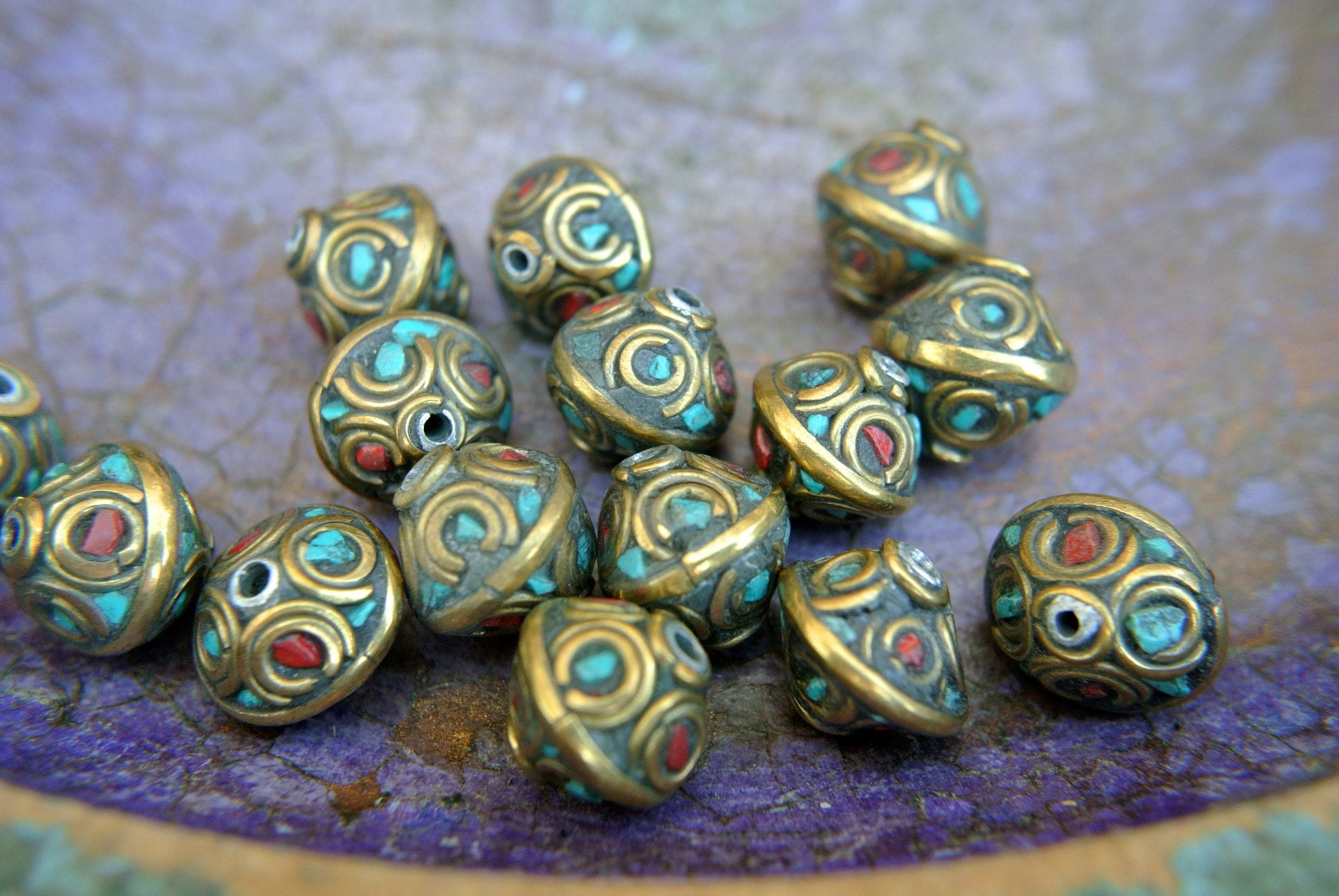 Nepale Beads Brass, Vintage Beads With Coral and Turquoise 13mmx12mm ...