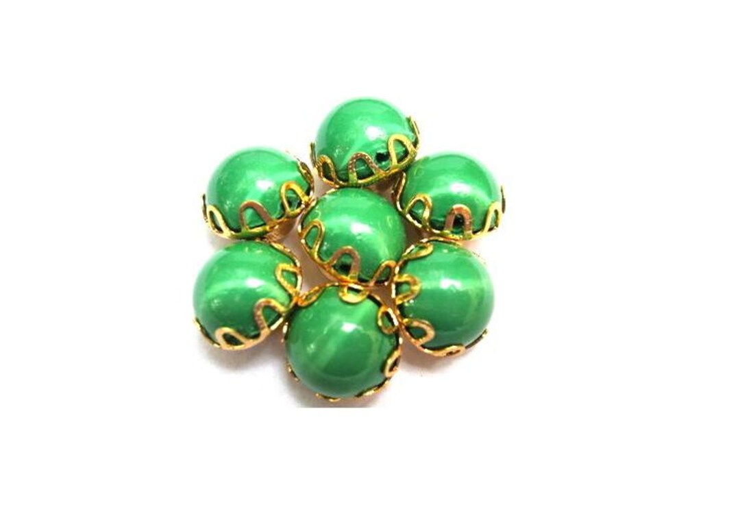 6 Vintage Buttons Green on Gold Color Lace Trim Metal Base 15mm, Unique ...