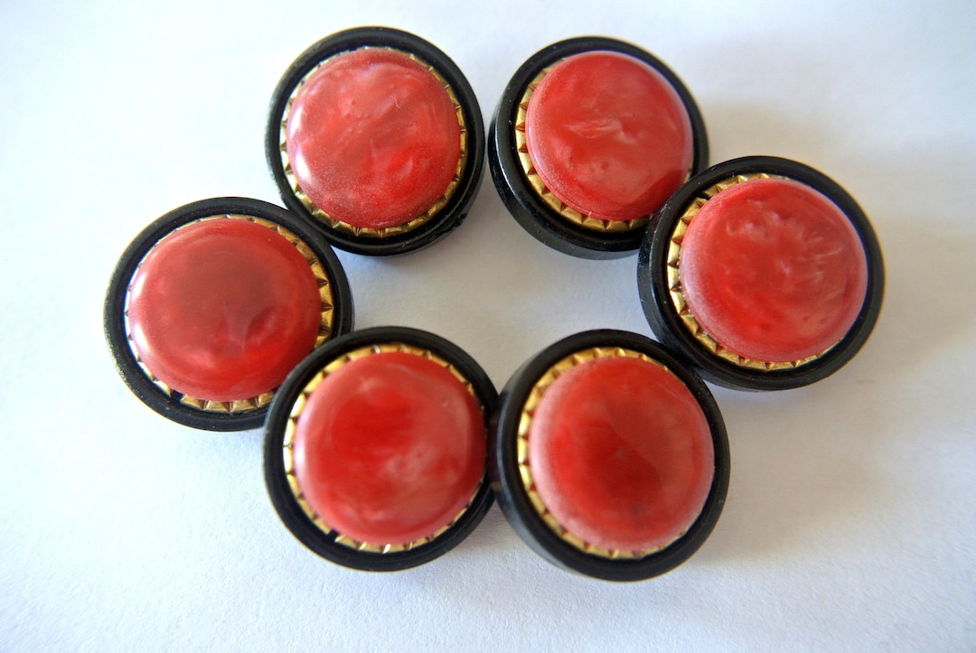 6 Vintage Plastic Buttons: Red, Gold & Black Trim - Etsy