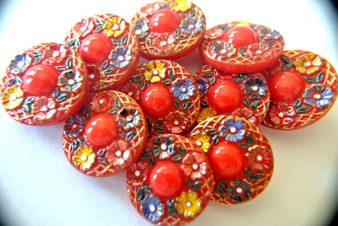 Glass Button, Jewel Button, BOHEMIAN BUTTON Flower Ornaments Red With ...