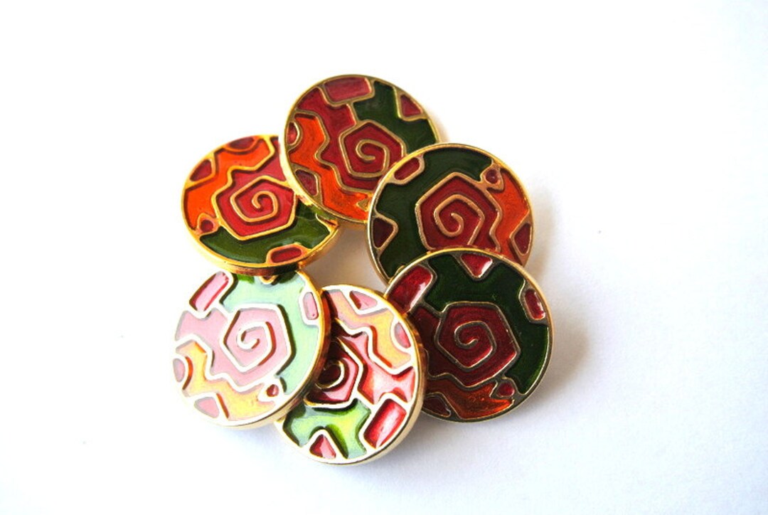 6 Enamel Metal Buttons, Enamel in Assorted Colors and Gold Color Metal ...