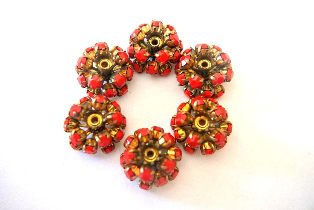 SWAROVSKI BEAD Antique Vintage Metal Flower With Opaque Red Crystals in ...