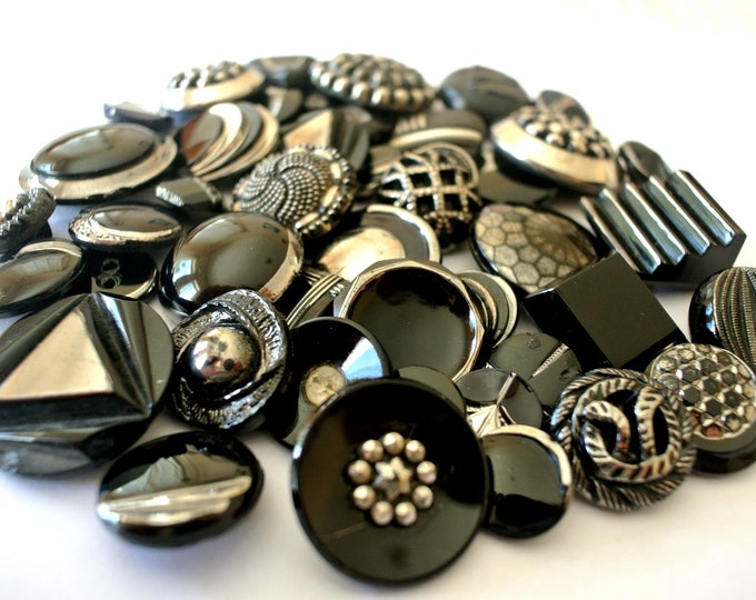 45 Glass Buttons, Black With Silver Trim Antique Vintage Buttons in ...