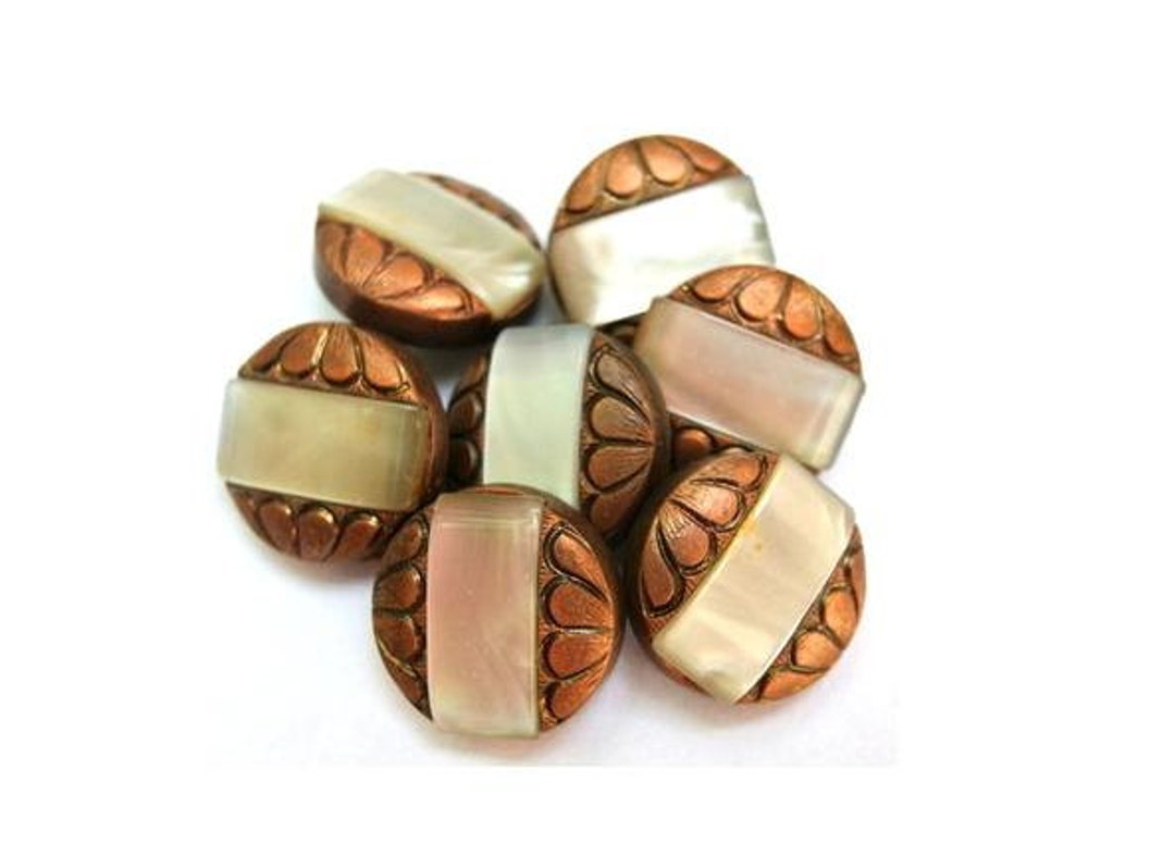 6 Antique Vintage Buttons, Bronze Color Plastic Buttons With White Trim ...