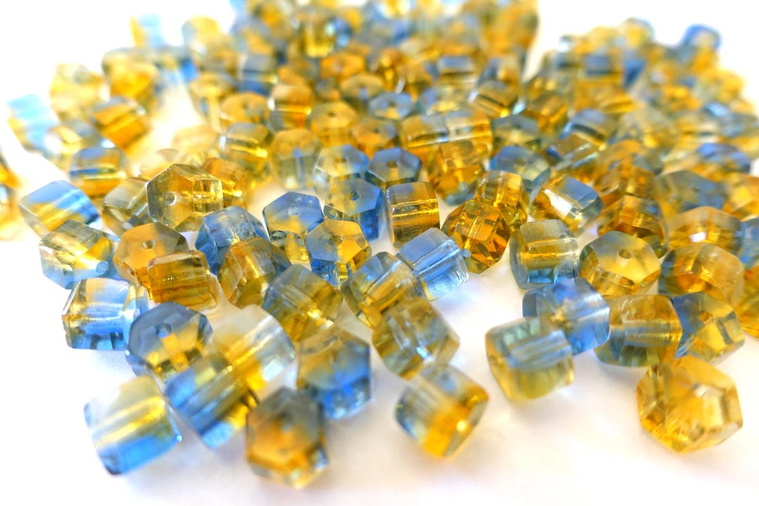 Vintage ATLAS Glass Tube Beads: Hexagon Cut, Blue Yellow Clear (8mm ...