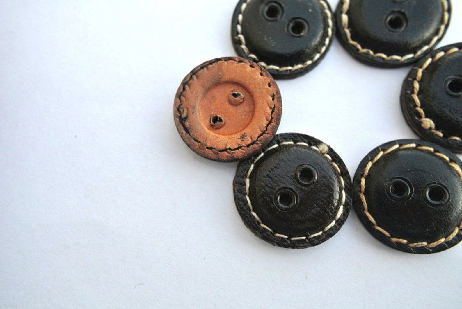 6 Antique Vintage Leather Buttons Black With White Seam 23mm - Etsy