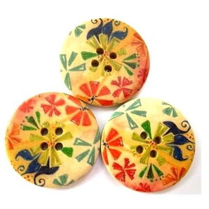 6 Wood Buttons, Painted Flowers, 30mm, for Button Jewelry, Scrapbooking ...