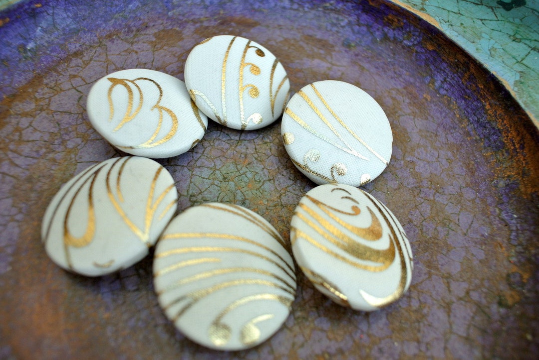 6 Buttons, Covered Buttons White With Gold Trim, Cloth Buttons, Fabric ...