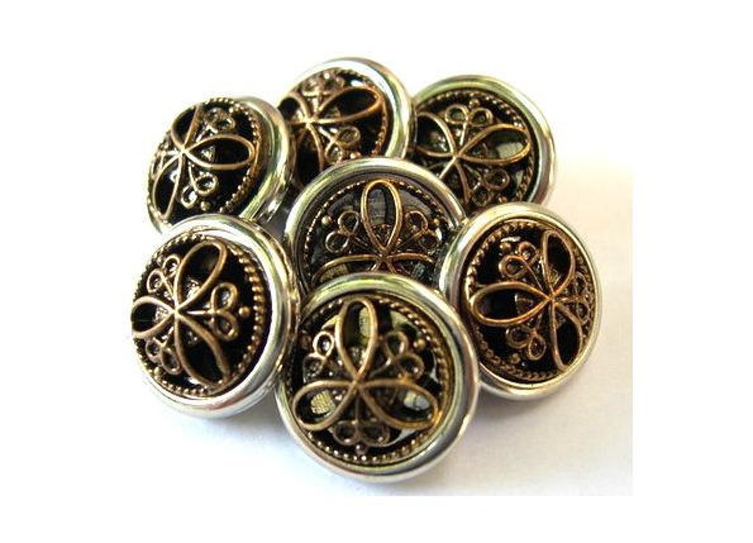 10 Vintage Buttons, Silver Color Plastic With Trim in the Center, Shank ...