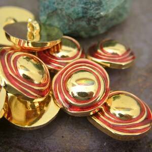 6 Vintage Buttons, Gold Color With Red Color Ornament Free Shape ...