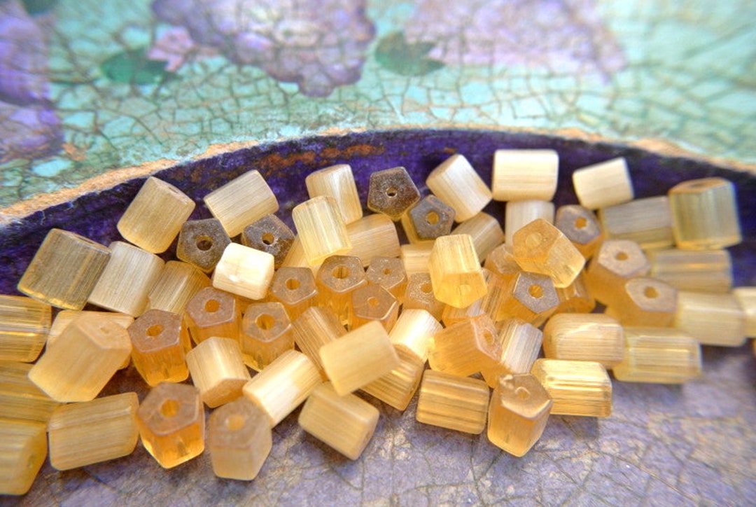Vintage Czech Glass Beads: Atlas Satin Yellow Tube Beads, Hexagon Cut ...