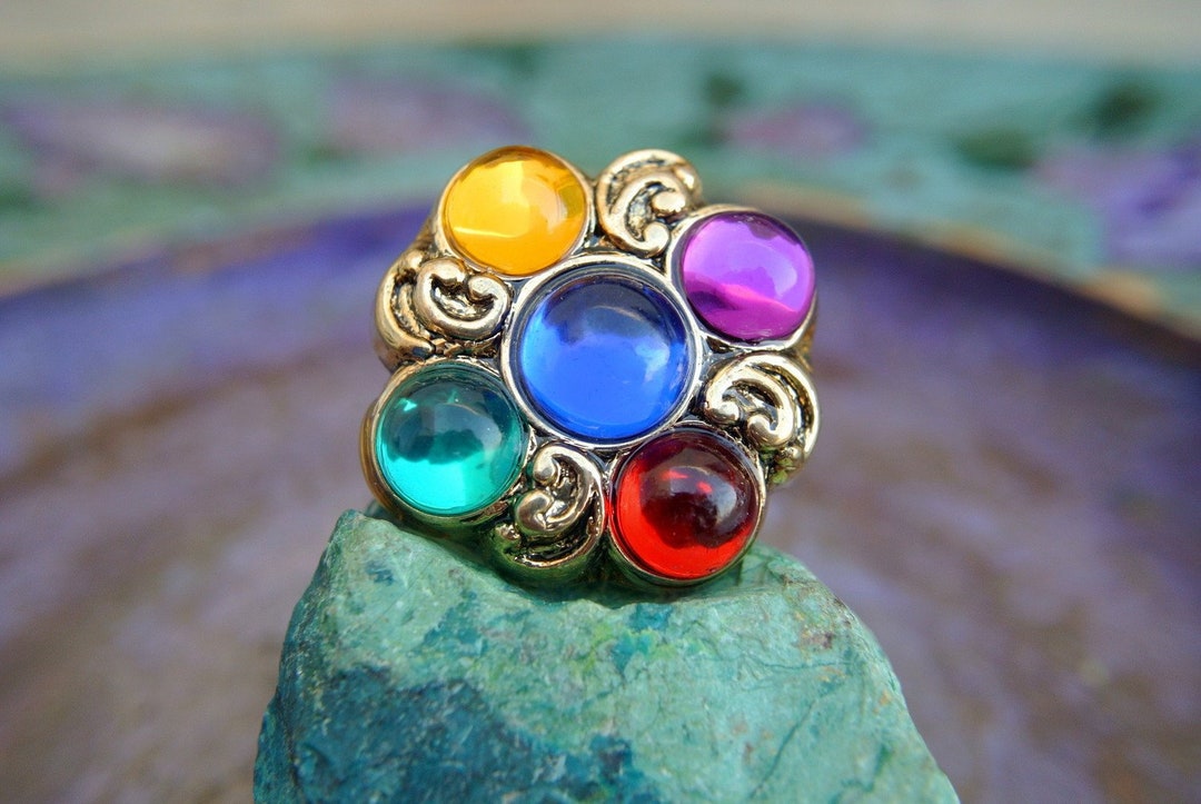 Buttons, 6 Vintage Flower Buttons Gold Color With Colorful Trims Shank ...