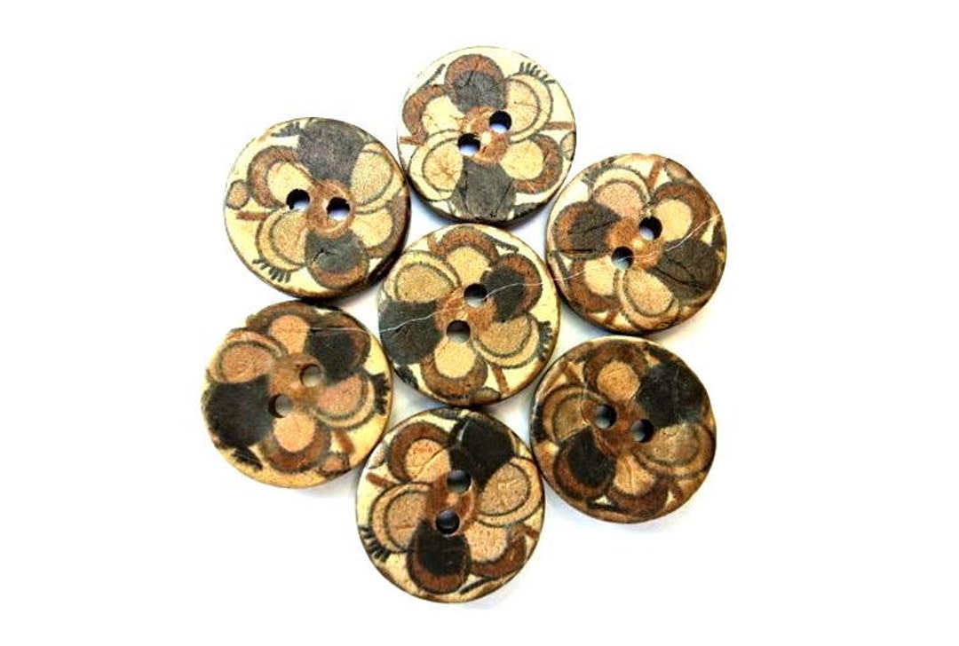 6 Buttons, Coconut Shell Buttons Flower Ornament in Earth Colors ...
