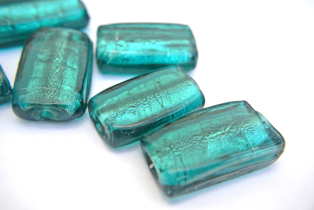 2 Beads Glass Foil Beads Vintage Large Glass Beads 35mmx20mm Etsy