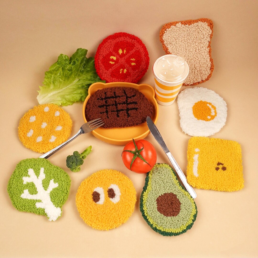 Handmade Tufted 3D Burger & Toast Coaster Set - Cotton Yarn Coasters ...