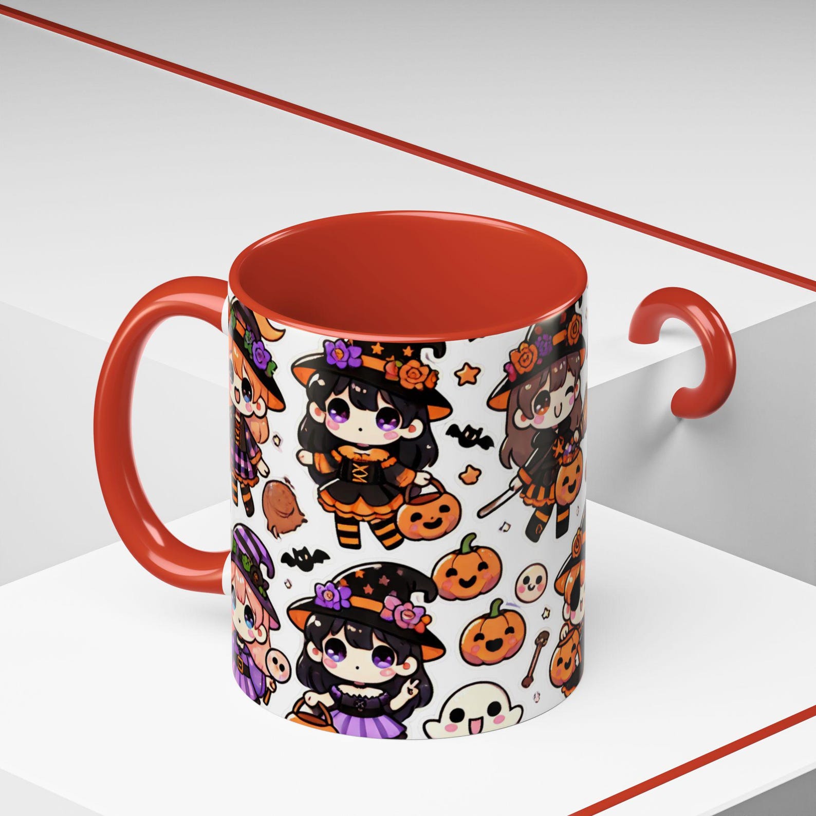 Kawaii Halloween Cartoon Mug Cute Witches, Ghosts, and Pumpkins Design ...