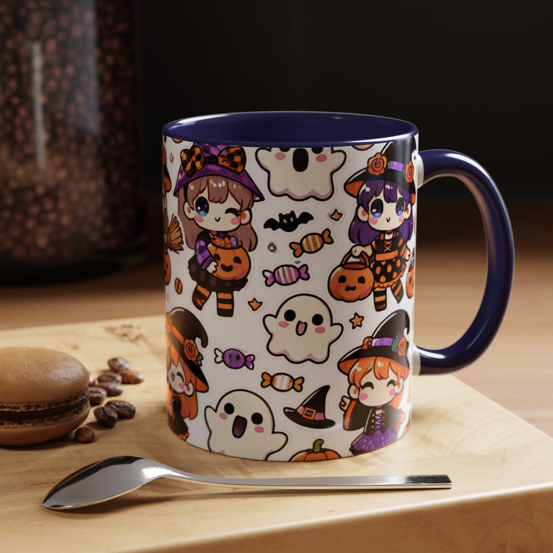 Kawaii Halloween Cartoon Mug Cute Witches, Ghosts, and Pumpkins Design ...