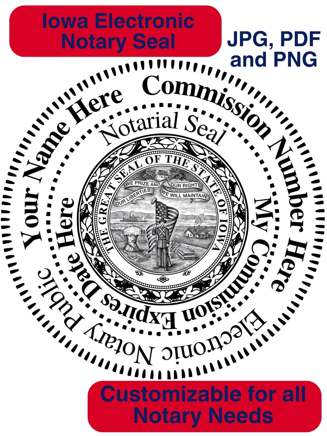 Iowa Customizable/custom Digital Round, Circular Notary Public Seal ...