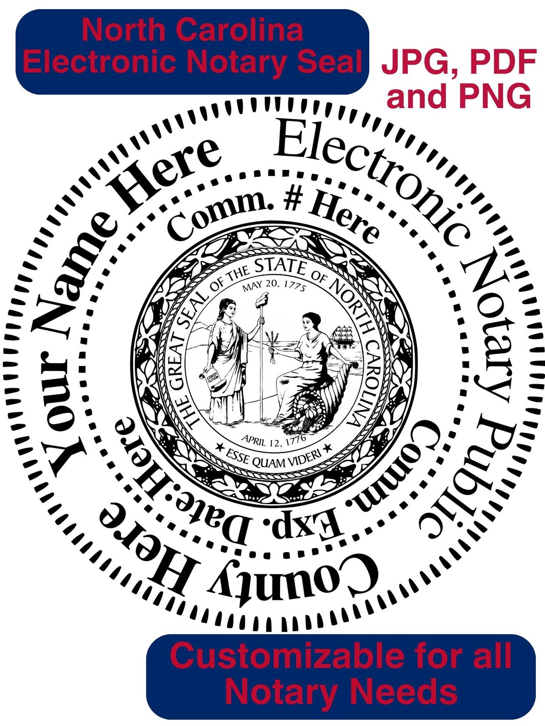 North Carolina Customizable Digital Round,circular Notary Public Seal ...