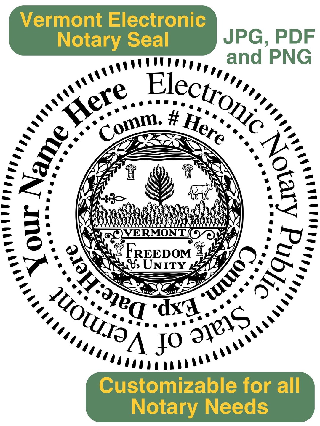 Vermont Customizable/custom Digital Round Circular Notary Public Seal ...