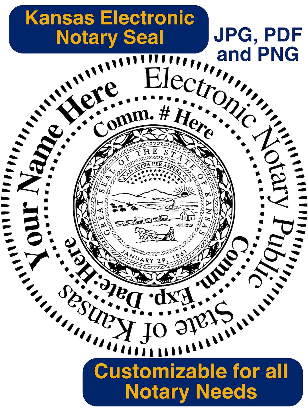 Kansas Customizable Digital Round, Circular Notary Public Seal, Notary ...