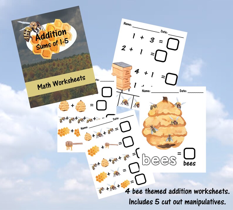 Bee Themed Addition Worksheets Sum of 5 - Etsy