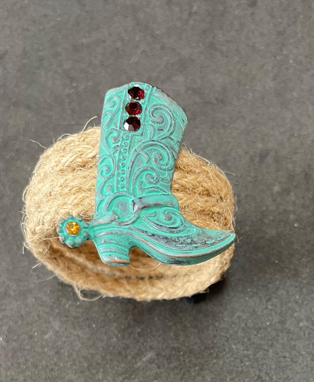 Turquoise Cowgirl Boot on Jute Napkin Ring - Handmade - OOAK - Sold ...