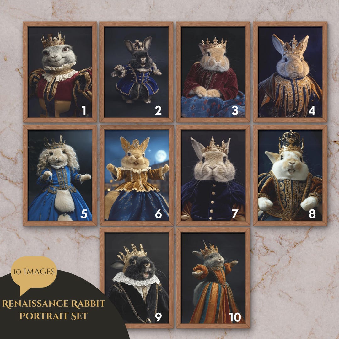 10 Renaissance Rabbit Portrait Set - Vintage Royal Bunny Art - Funny ...