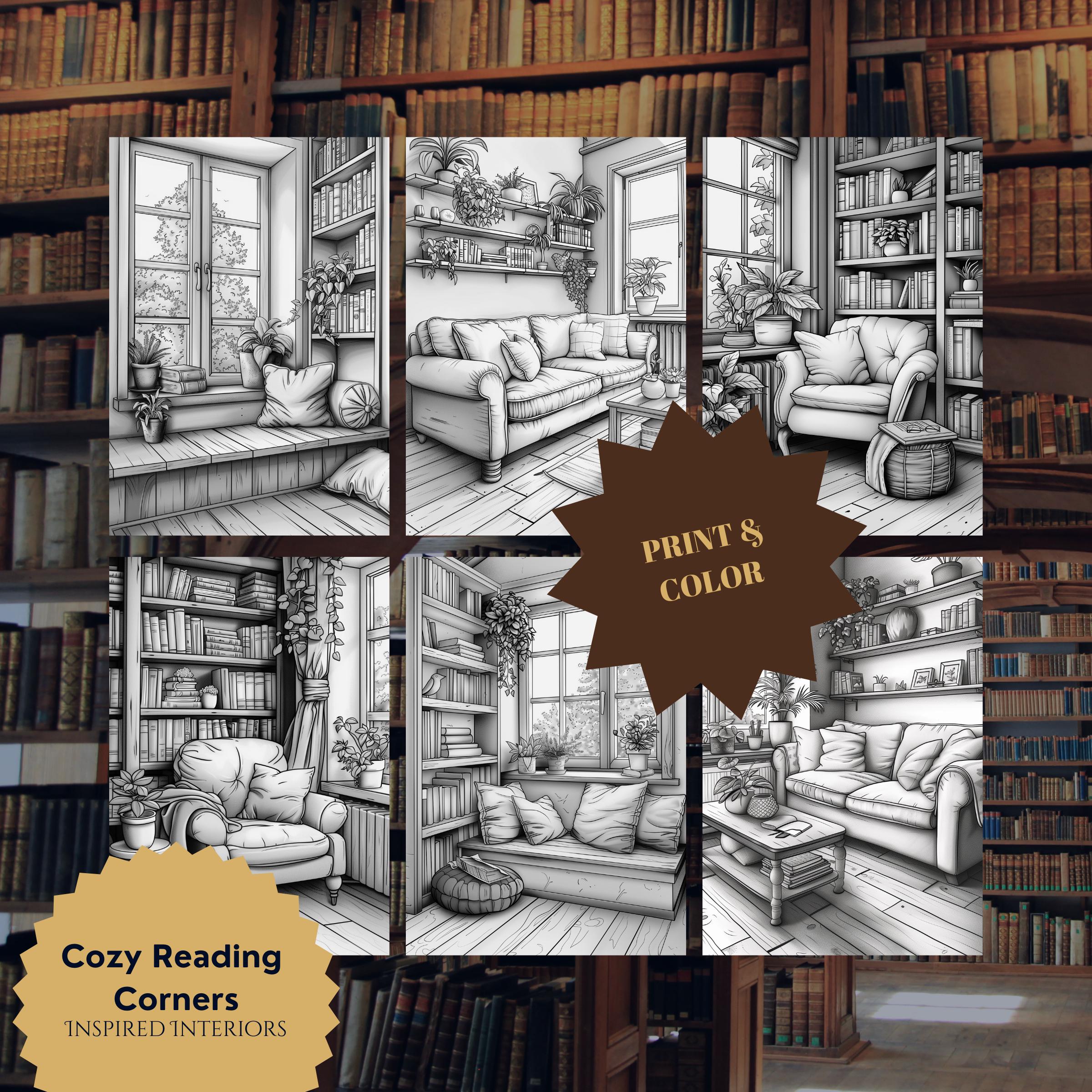24 Cozy Reading Corners Inspired Coloring Pages for Adults, Instant ...