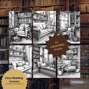 24 Cozy Reading Corners Inspired Coloring Pages for Adults, Instant ...