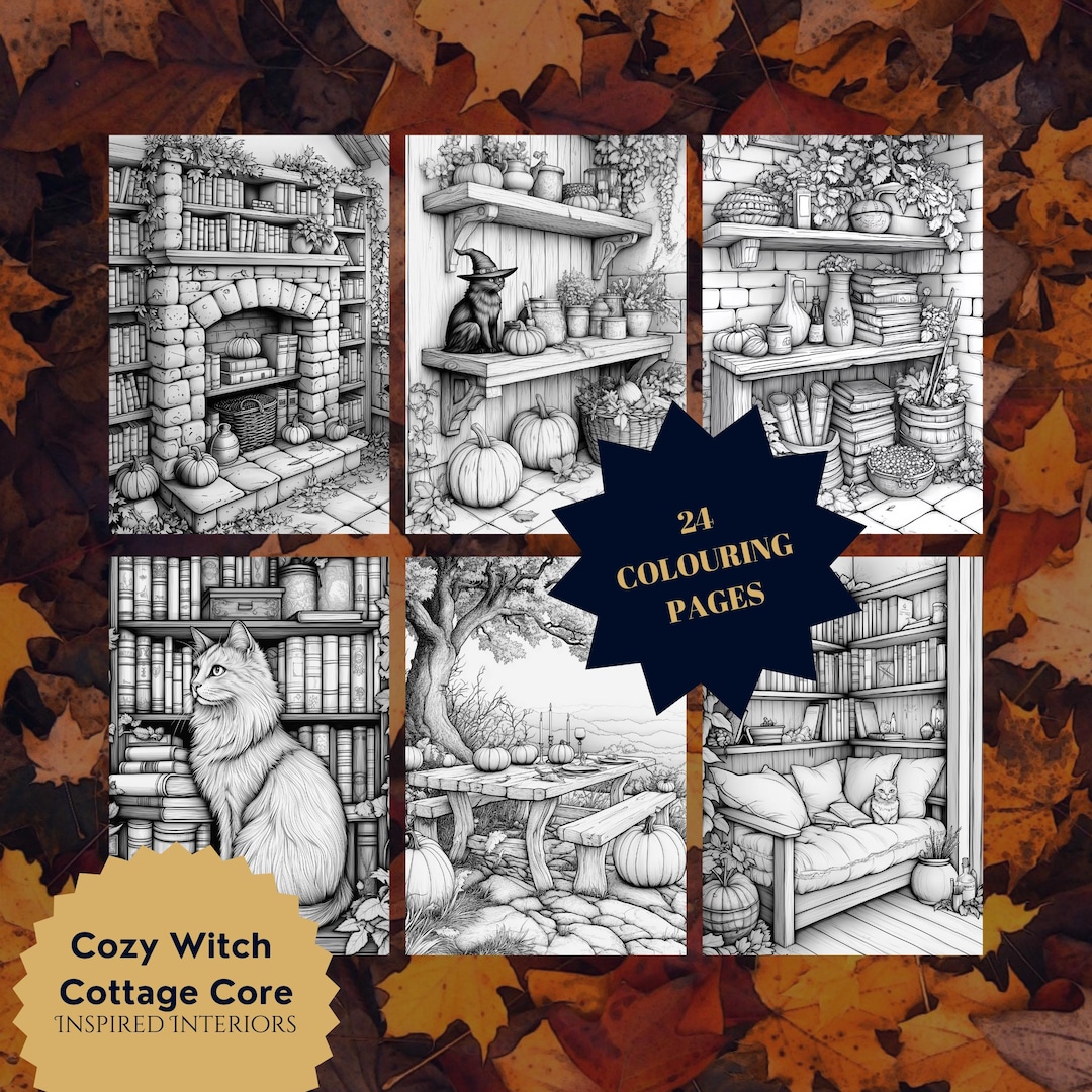Cozy Witch Cottage Core Coloring Pages: Autumn Interiors (printable PDF ...