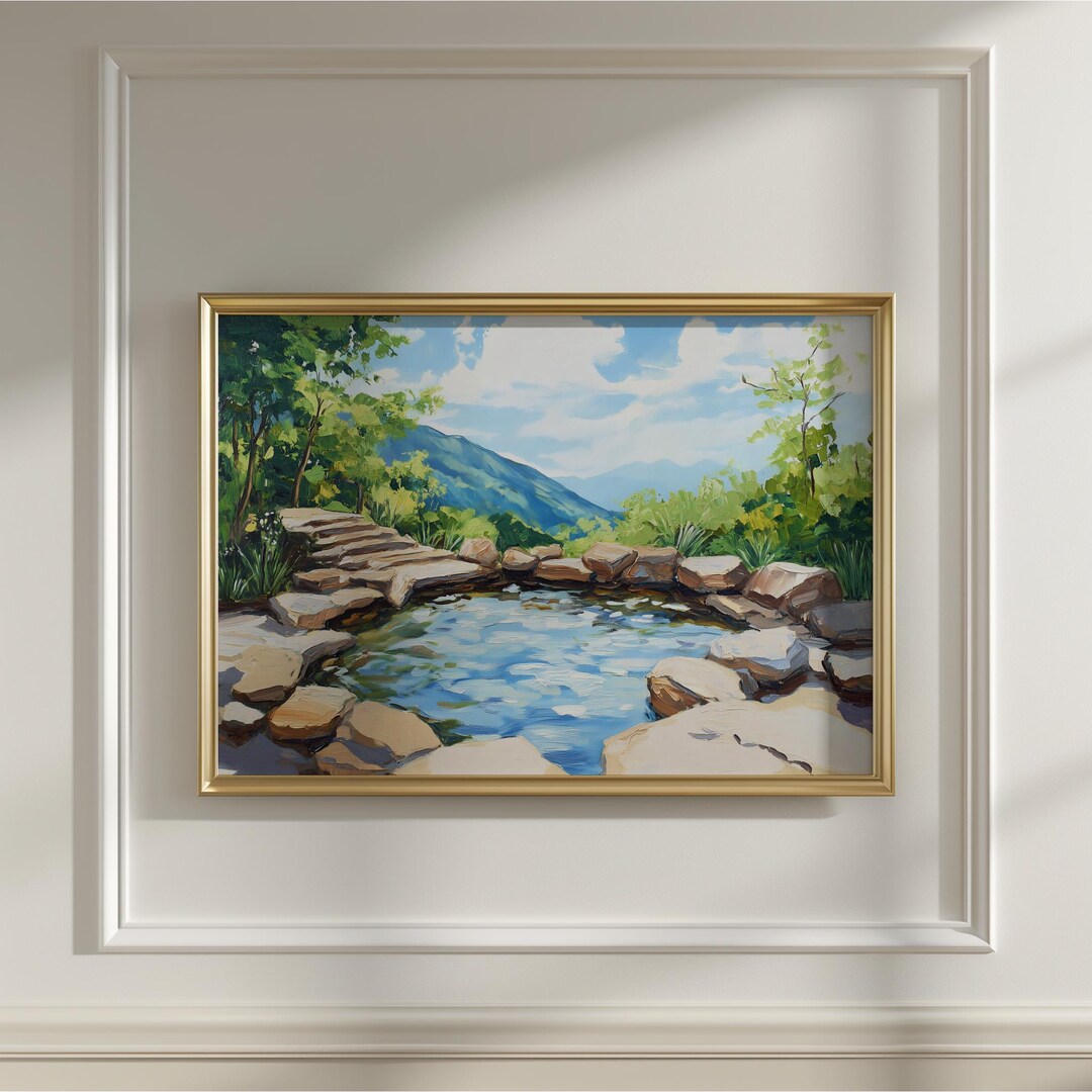 Hot Springs Art Print | Swimming Hole Print | Hilltop View Landscape ...