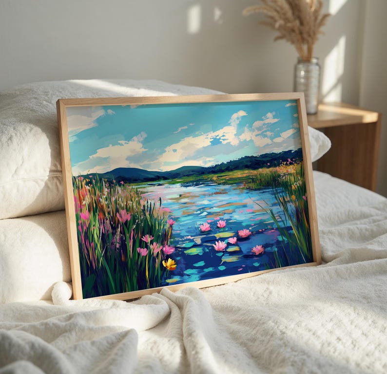 Wetland Art Print | Waterlily Wall Art | Summer Landscape Print | Blue ...