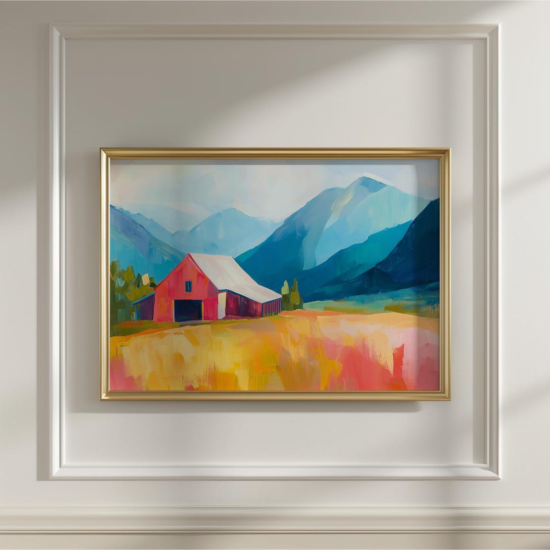 Red Barn Wall Art | Vibrant Western Print | Mountain Ranch Art Print ...