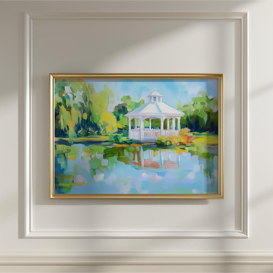 Summer Park Print | Spring Garden Gazebo Print | Pond Landscape Art ...