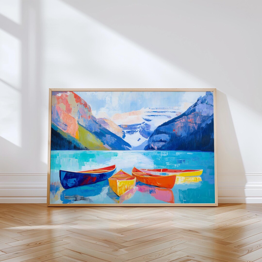 Colorful Canoe Art Print | Lake Louise Art Print | Canoes on a Mountain ...