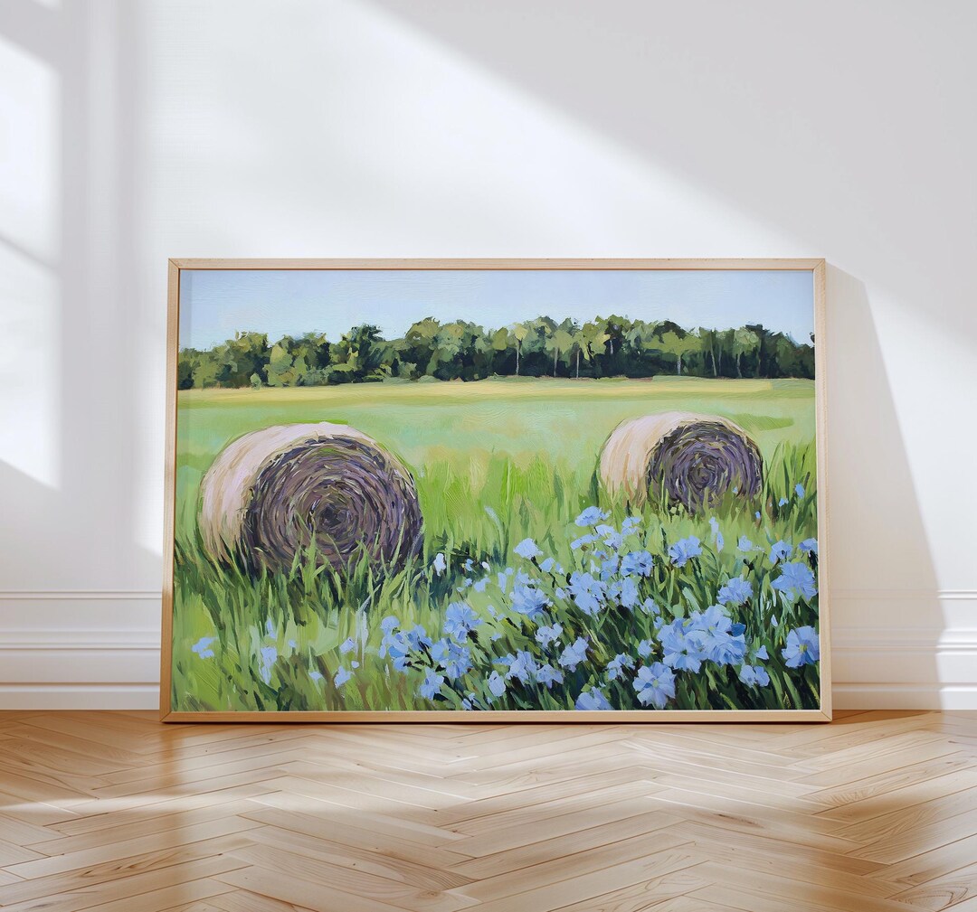 Blue Cornflower Print | Hay Bale Landscape Print | Green Grassy Field ...