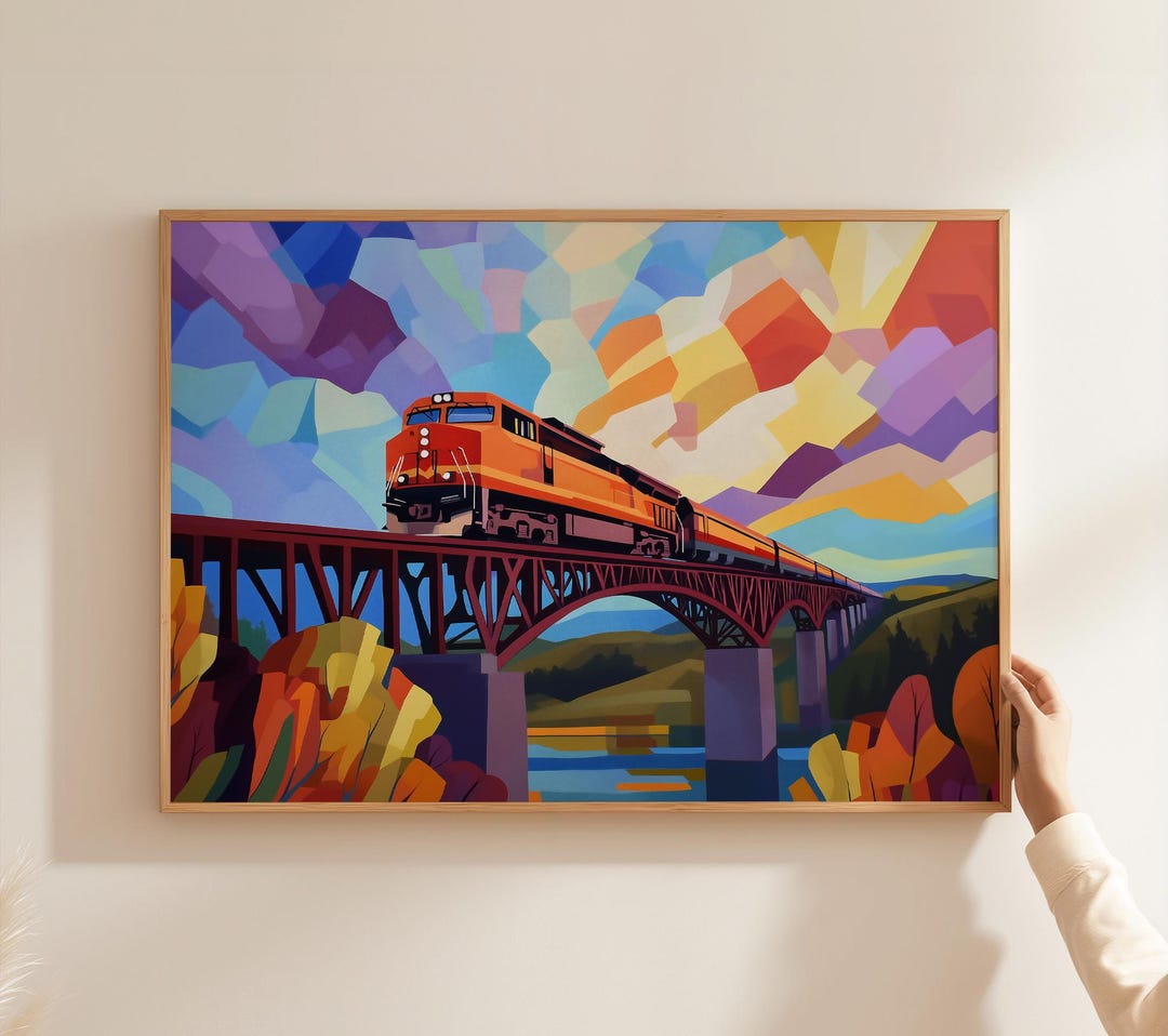 Train Art Print | Train Bridge Wall Art | Printable Locomotive Art ...