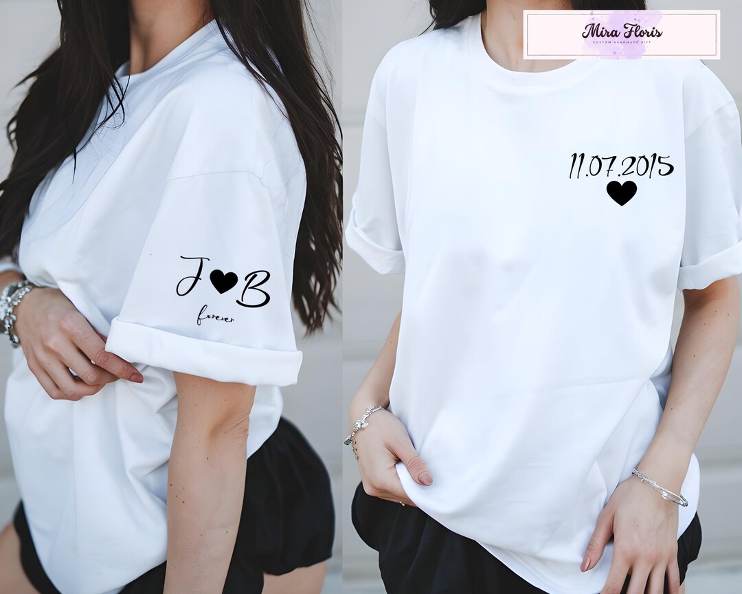 Personalized Date Shirt With Initials on Sleeve, Custom Couple Tee ...