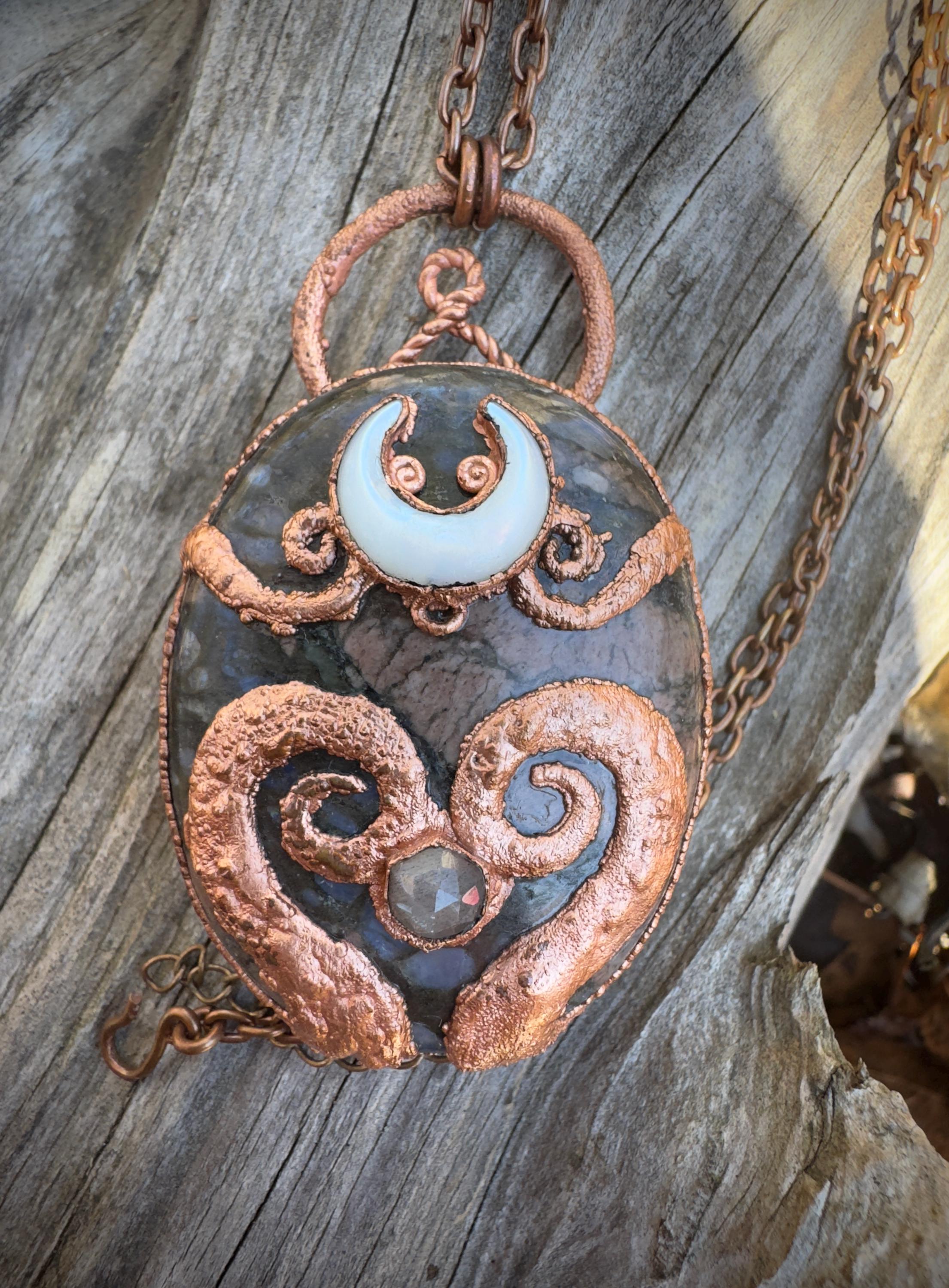 Goddess Amulet Necklace, Que Sera Stone, Mother of Pearl, Sunstone ...